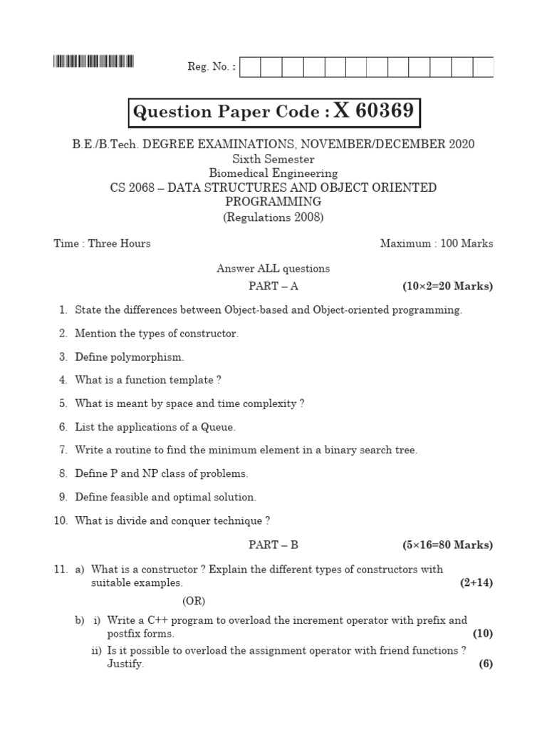 CS2068 DS and OOPS Question Paper | PDF