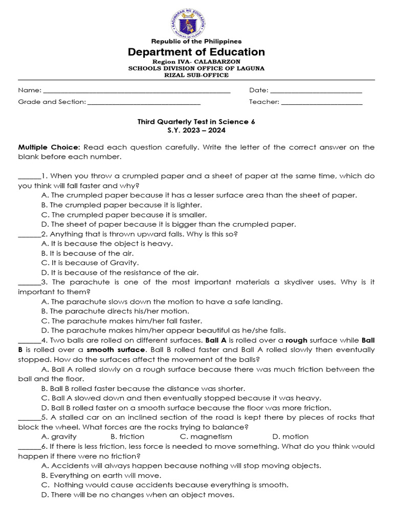 Third Quarterly Test in Science 6 | PDF | Machines | Travel