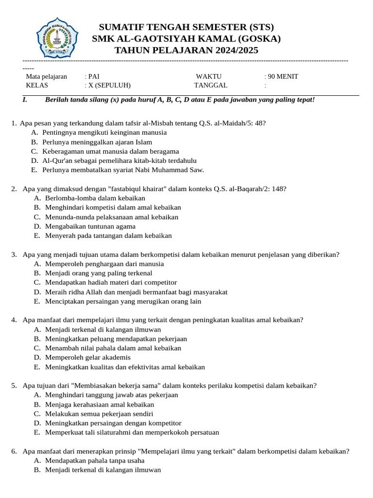 Soal Sts Ganjil Pai 2024-2025 X SMK | PDF