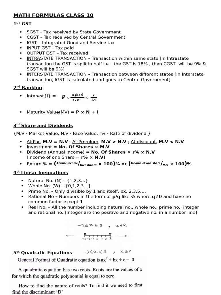 Maths Formula Class 10 | PDF