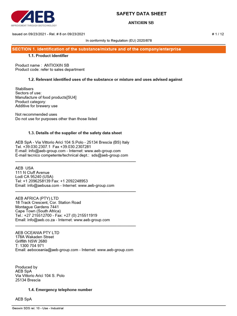 ANTIOXIN SB MSDS EN Rel. 8 092321 | PDF