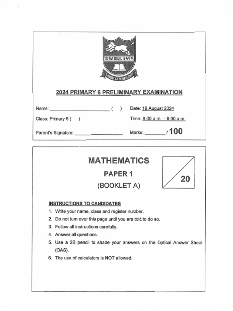 P6 Maths Prelim 2024 TaoNan Exam Papers | PDF