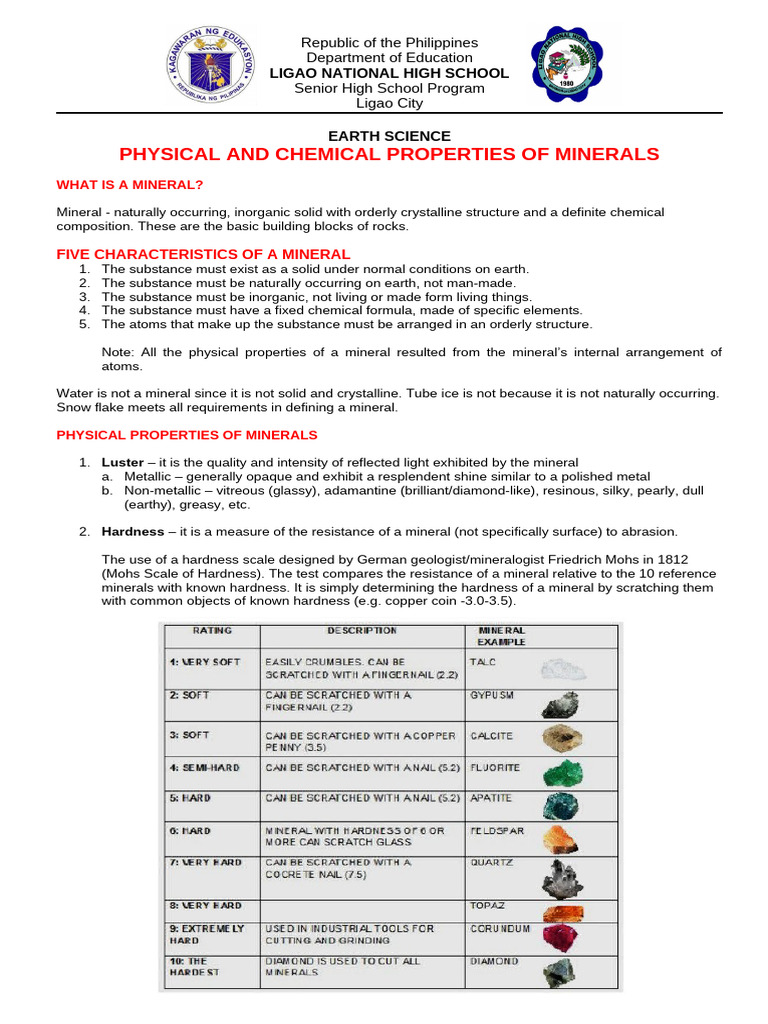 Physical and Chemical Properties of Minerals On Earth | PDF | Rock ...