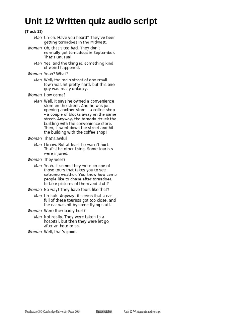 Unit 12 Written Quiz Audio Script: Man Woman | PDF