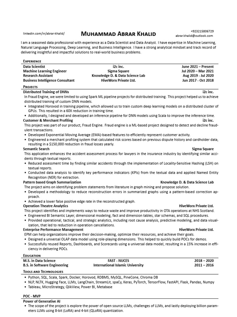 Abrar - Data Scientist - Resume | PDF | Deep Learning | Machine Learning
