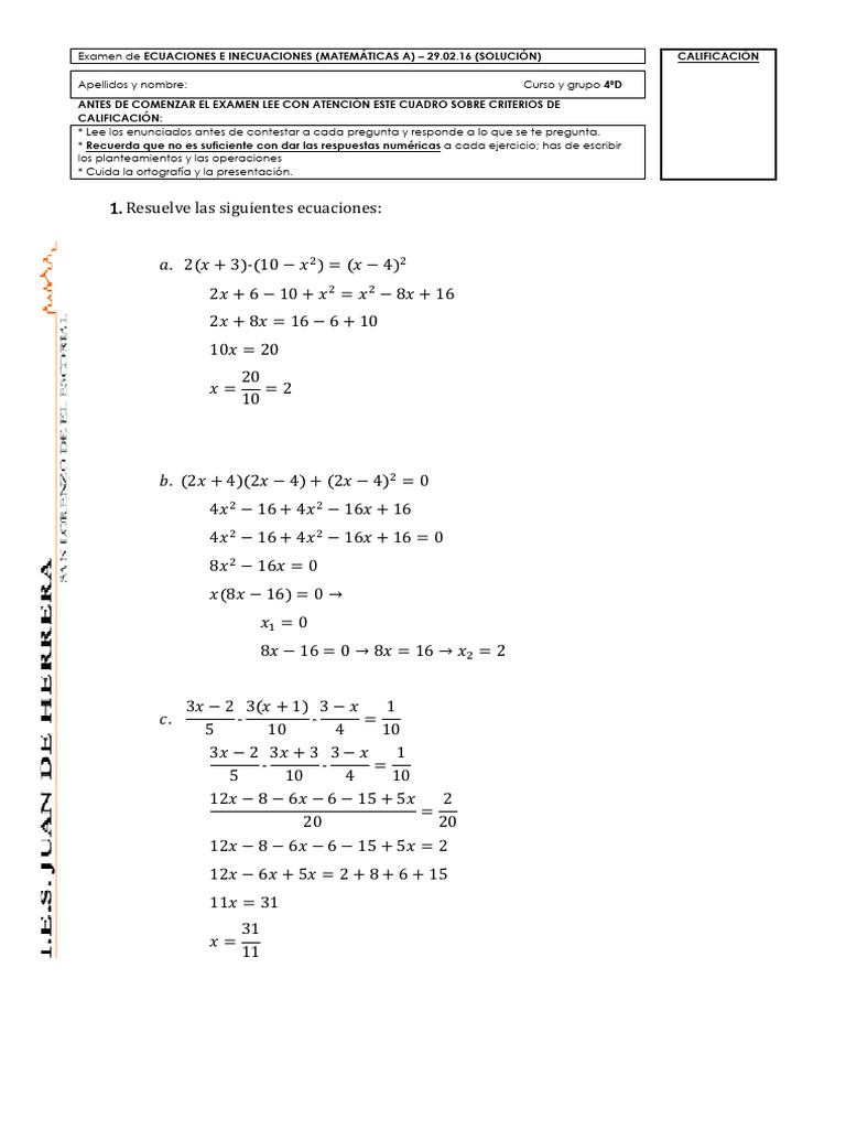 Ecuaciones e Inecuaciones (Matemáticas A) (Solución) | PDF