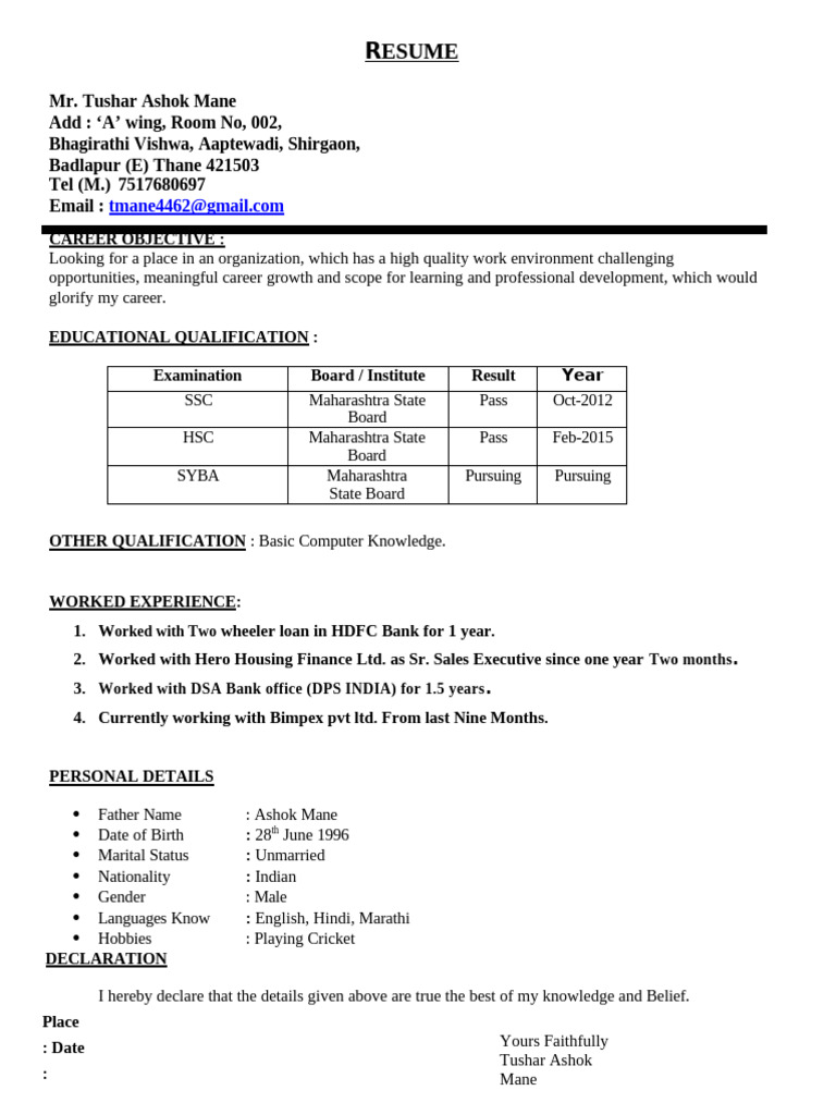Tushar Mane Resume | PDF