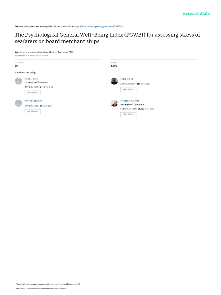The Psychological General Well-Being Index PGWBI F | PDF