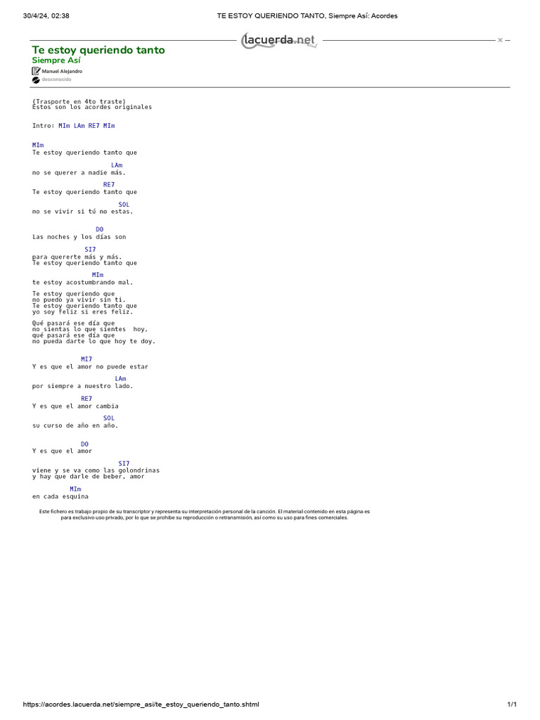 TE ESTOY QUERIENDO TANTO, Siempre Así - Acordes | PDF