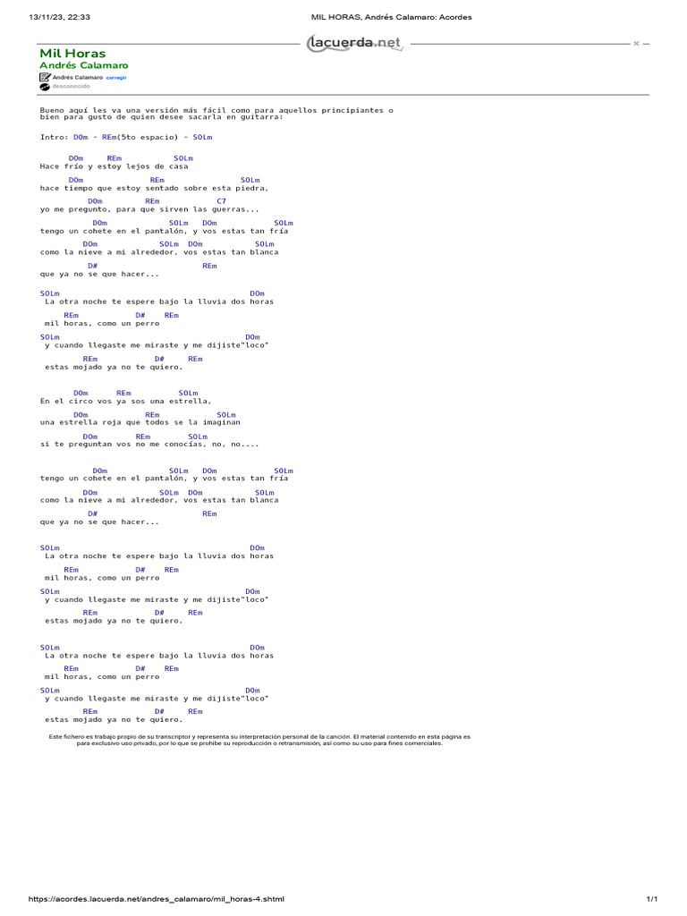 MIL HORAS, Andrés Calamaro - Acordes | PDF