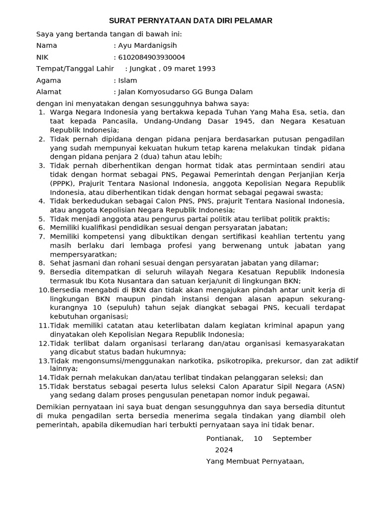 Lampiran III Format Surat Pernyataan Data Diri Pelamar CPNS BKN 2024 | PDF