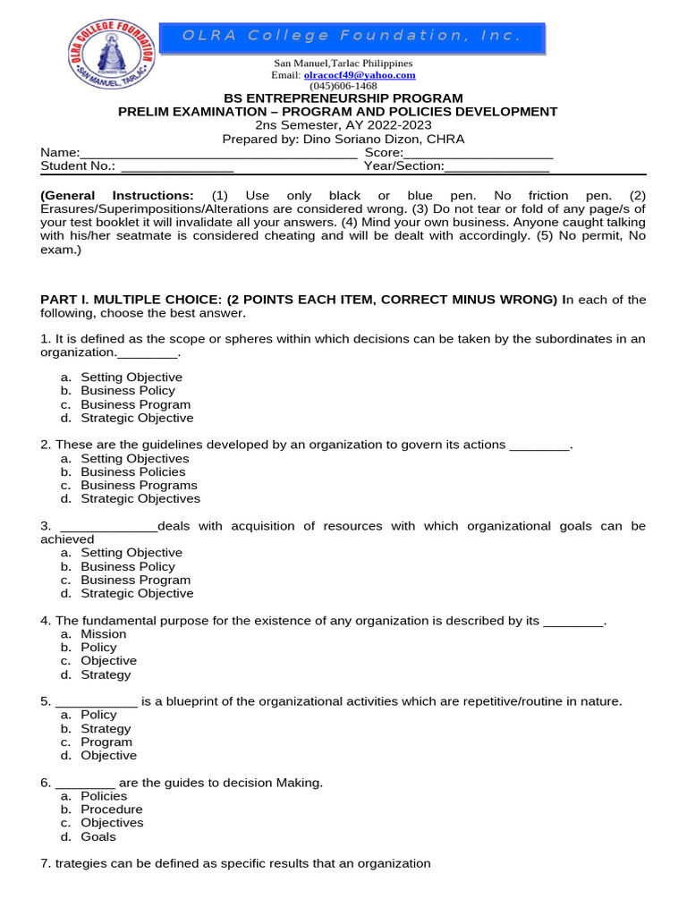 Prelim Examination - Program and Policies Development | PDF