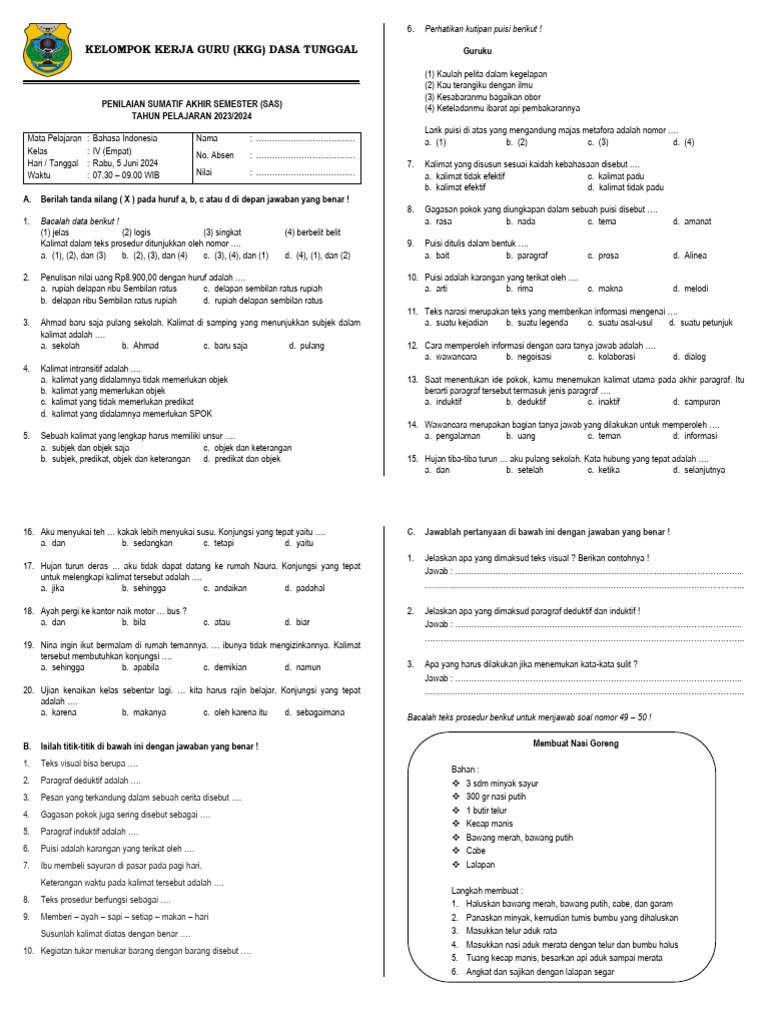Naskah Soal SAS Genap IKM Bahasa Indonesia Kelas 4 | PDF