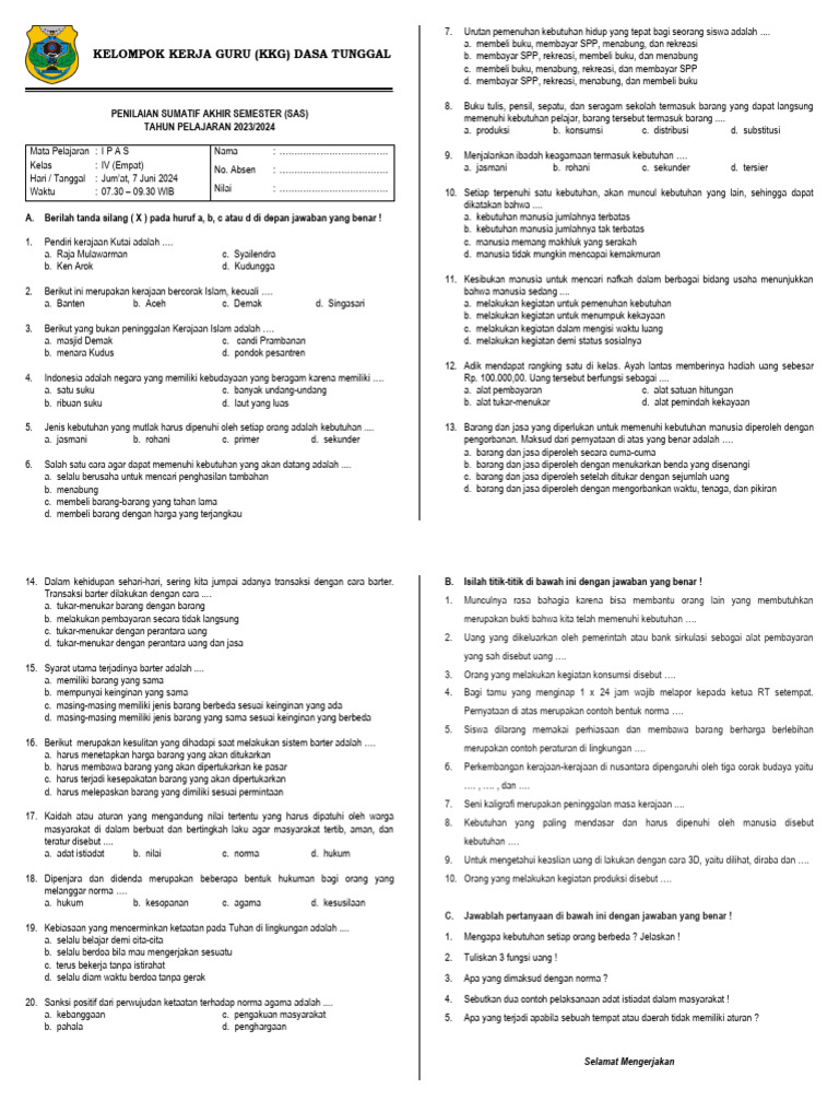 Naskah Soal SAS Genap IKM IPAS Kelas 4 | PDF