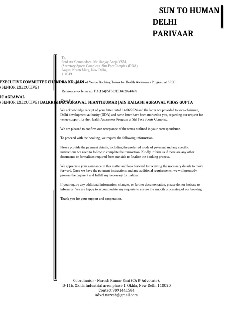 Stadium Booking Letter To Sanjay Anija | PDF