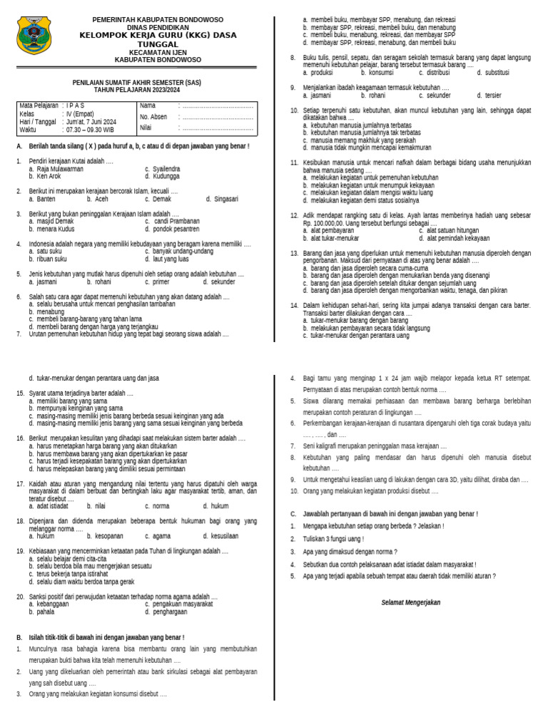 Naskah Soal SAS Genap IKM IPAS Kelas 4 | PDF