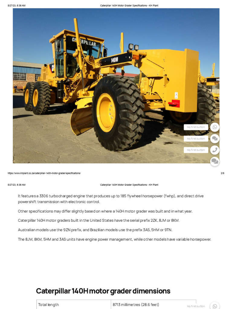 Caterpillar 140H Motor Grader Specifications | PDF