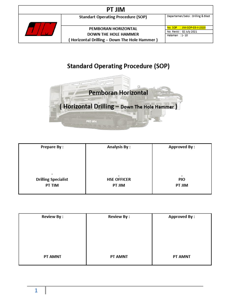 SOP Pemboran (Horizontal Drilling - DTH Hammer) OK | PDF