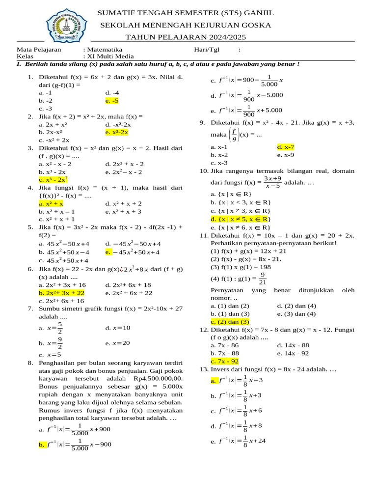 Sts Ganjil MTK 11 2024-2025 | PDF