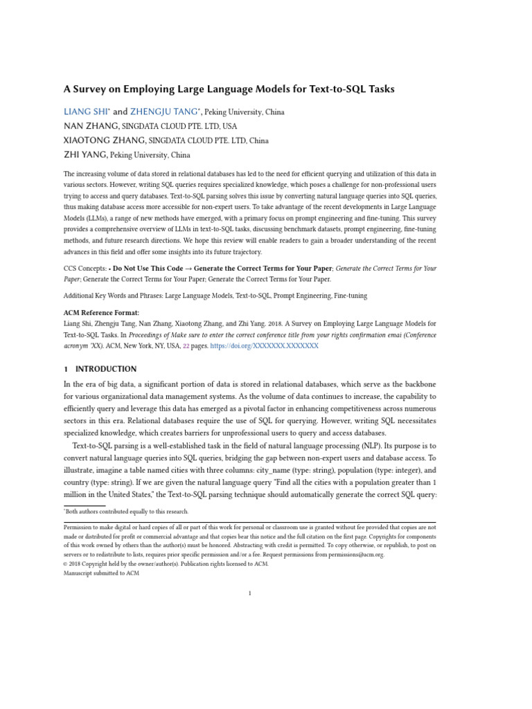 A Survey On Employing Large Language Models For Text-to-SQL Tasks | PDF