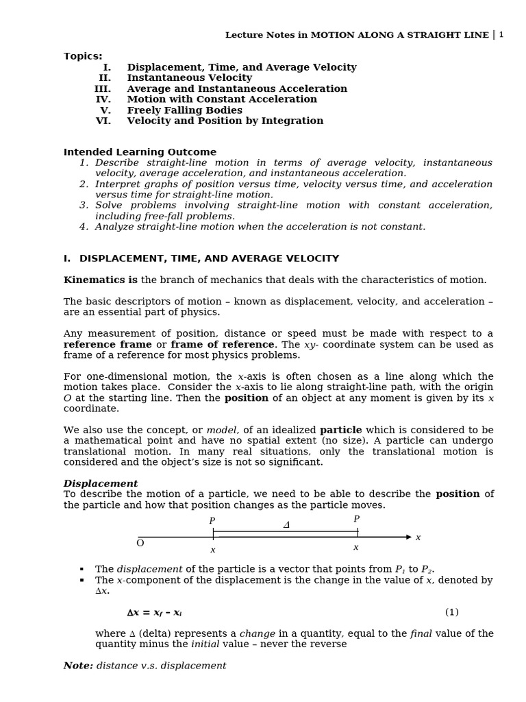 Lecture Notes 2 MOTION ALONG A STRAIGHT LINE 2020 | PDF
