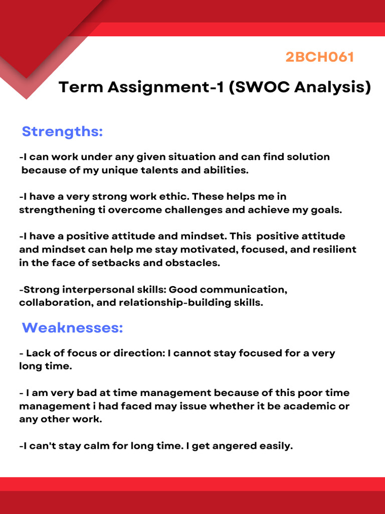 20BCH061 - A1 - Term Assignment-1 (SWOC Analysis) | PDF