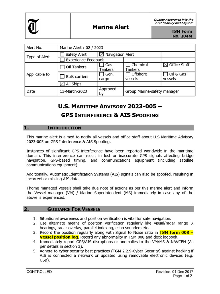 Marine Alert 02-2023 - GPS AIS Interference Advisory | PDF