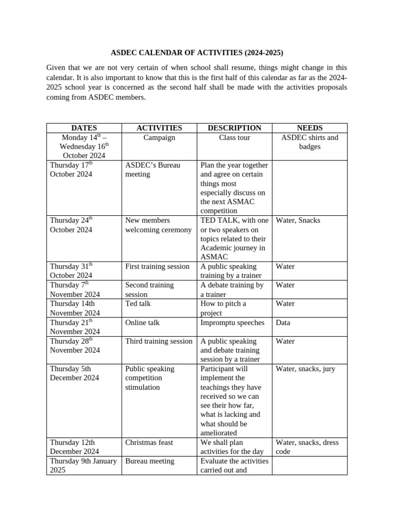Asdec Calendar of Activities | PDF
