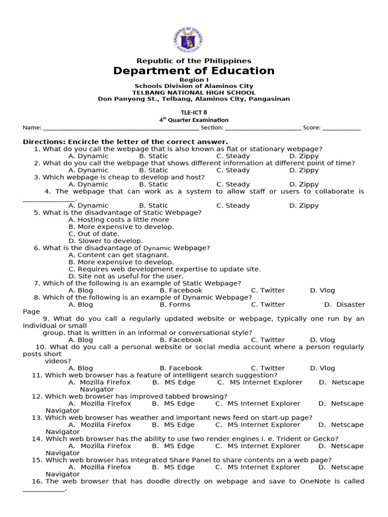 Dalton 4th Quarter Test Questions ICT 1 | PDF