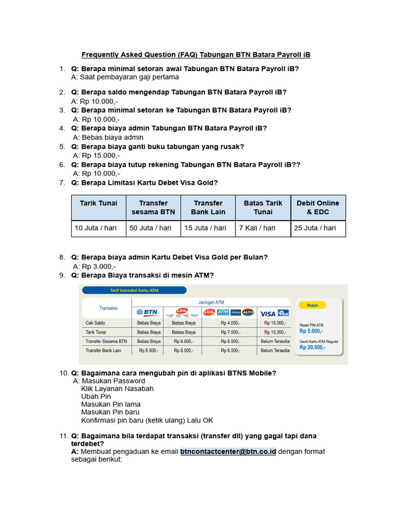 Frequently Asked Question (FAQ) Tabungan BTN Batara Payroll IB | PDF