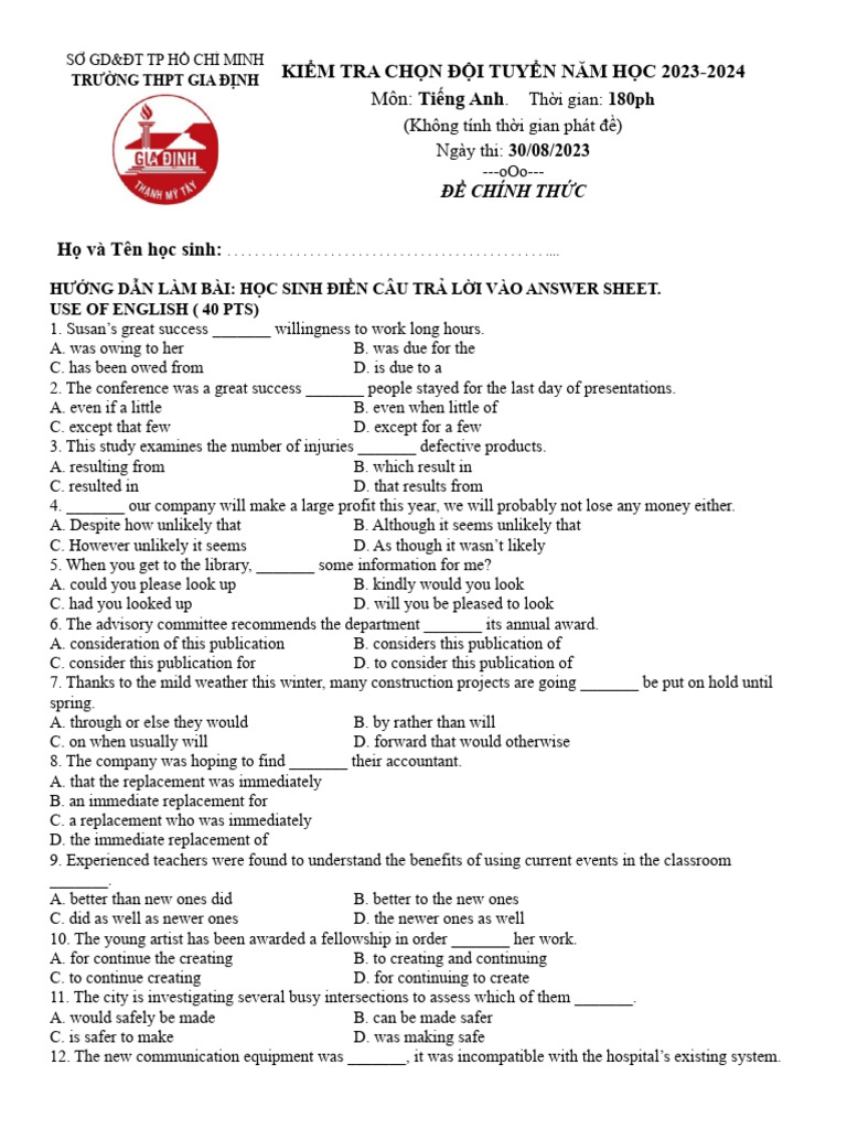 ĐỀ ANH HSG ĐỢT 1 2023 | PDF