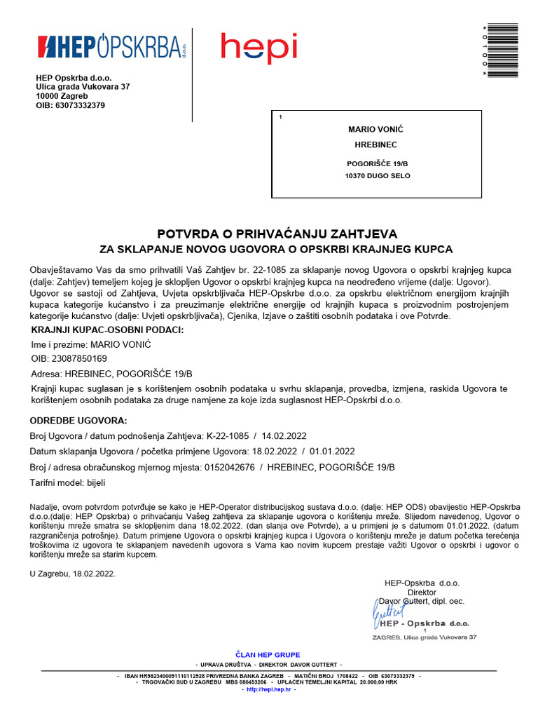 Potvrda O Prihvaćanju Zahtjeva: Za Sklapanje Novog Ugovora O Opskrbi ...