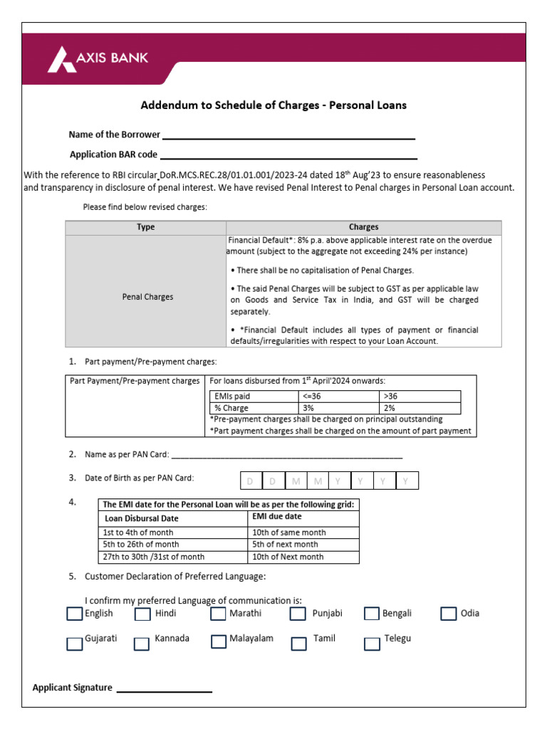 Addendum To Schedule of Charges - Personal Loan - 150524 | PDF | Loans ...
