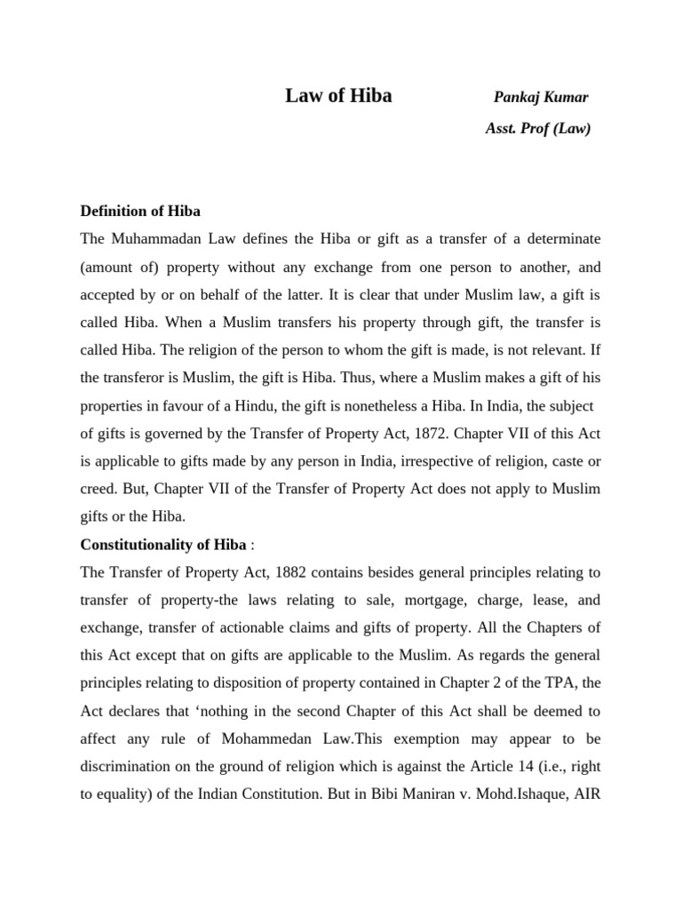 Law of Hiba (Muslim Law) Pankaj Kumar | PDF | Property | Concurrent Estate