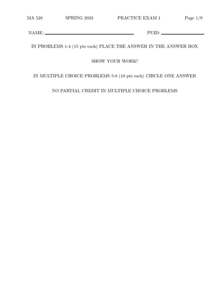 MA528 Exam1 Practice Sp23 | PDF