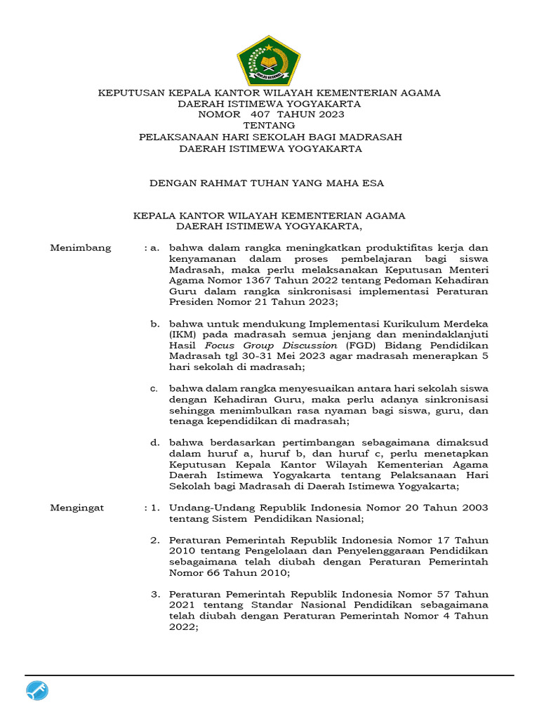 SK Nomor 407 Tahun 2023 Tentang Pelaksanaan Hari Sekolah Bagi Madrasah ...