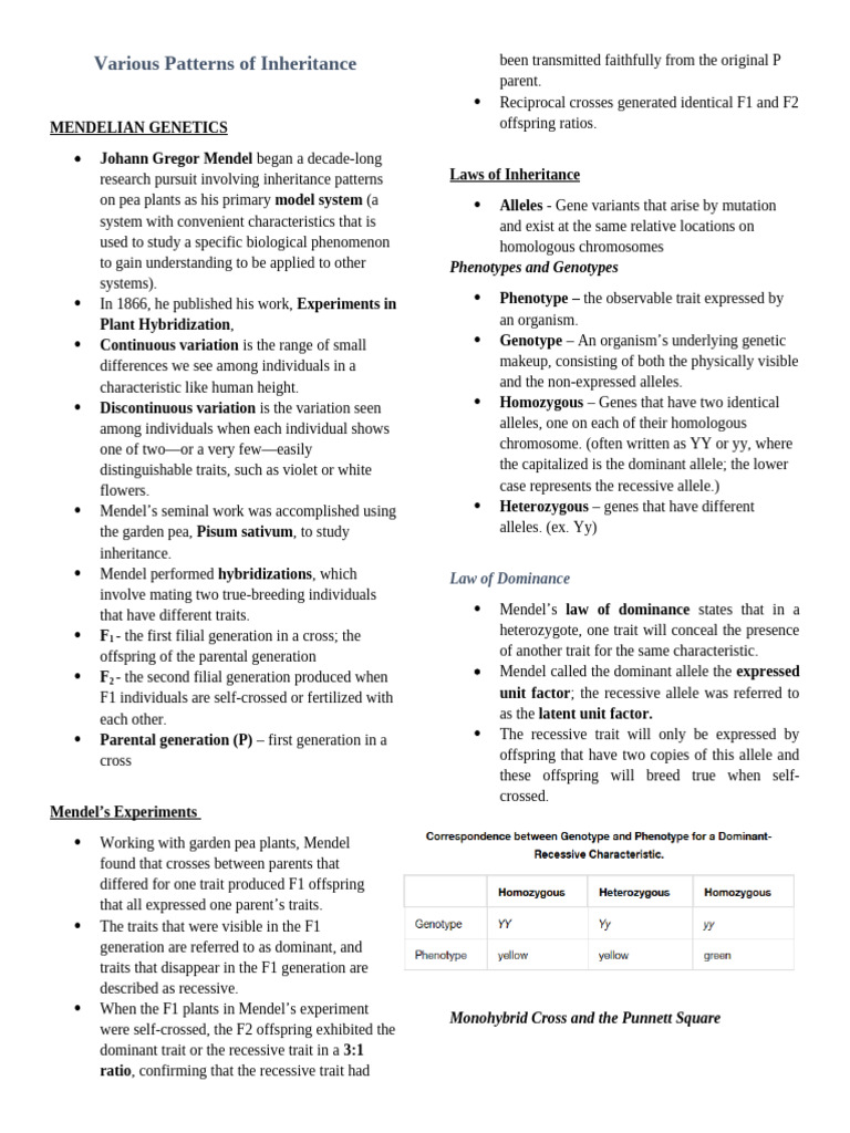 Mendelian Genetics and Non-Mendelian Genetics - Notes - Josol ...