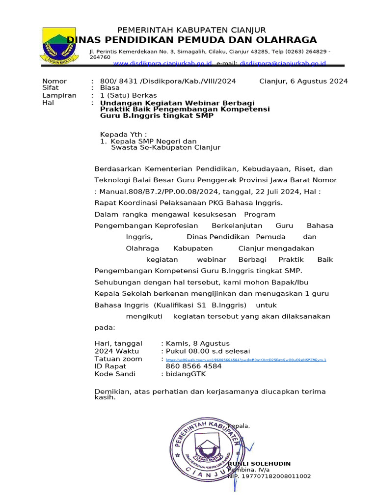 Surat Undangan Pelaksanaan PKG Bahasa Inggris Tahun 2024 | PDF