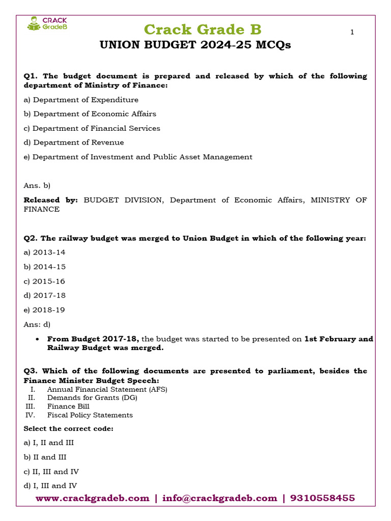 Budget 2024 25 MCQ Part 1 Lyst1724757628294 | PDF