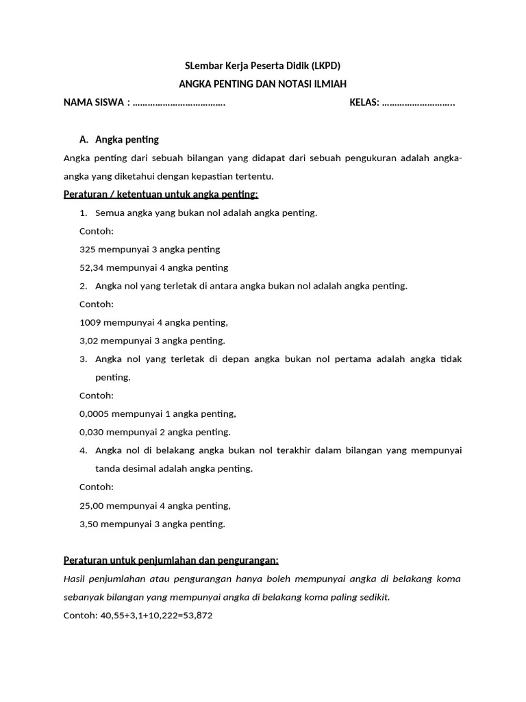 LKPD Angka Penting Dan Notasi Ilmiah | PDF