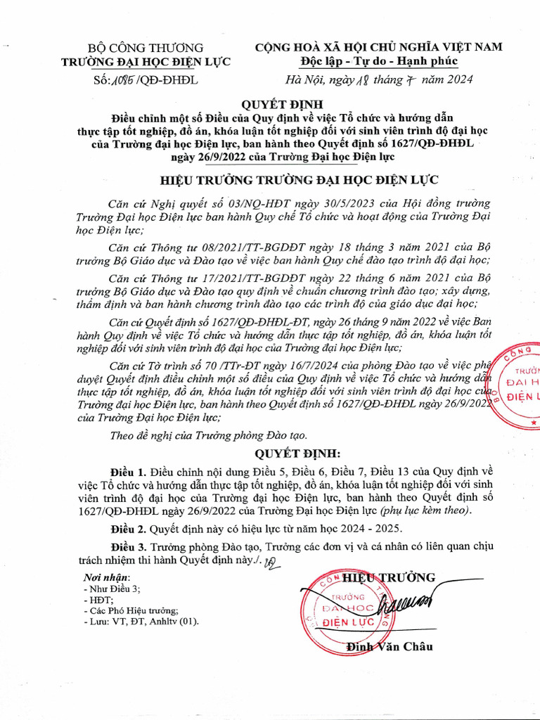 1085-QD Dieu Chinh Mot So Dieu Cua Quy Dinh To Chuc HD Thuc Tap TN - 0001 | PDF