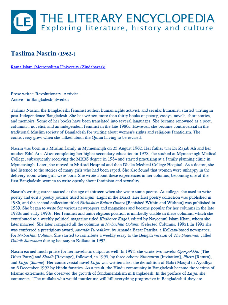 Taslima Nasrin by Rama Islam From The Literary Encyclopedia 24-02-2022 ...