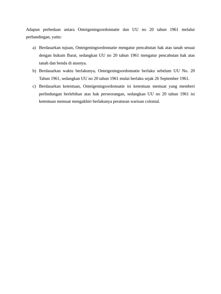 Adapun Perbedaan Antara Onteigeningsordonnatie Dan UU No 20 Tahun 1961 Melalui Perbandingan | PDF