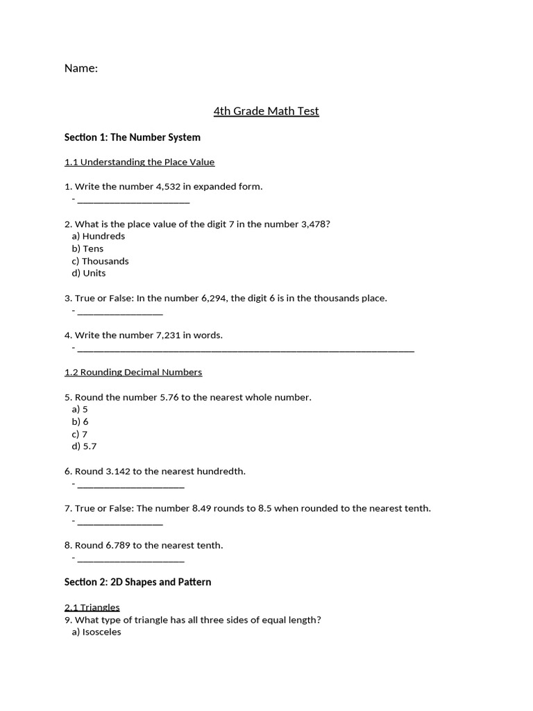 Math Test Grade 4 | PDF
