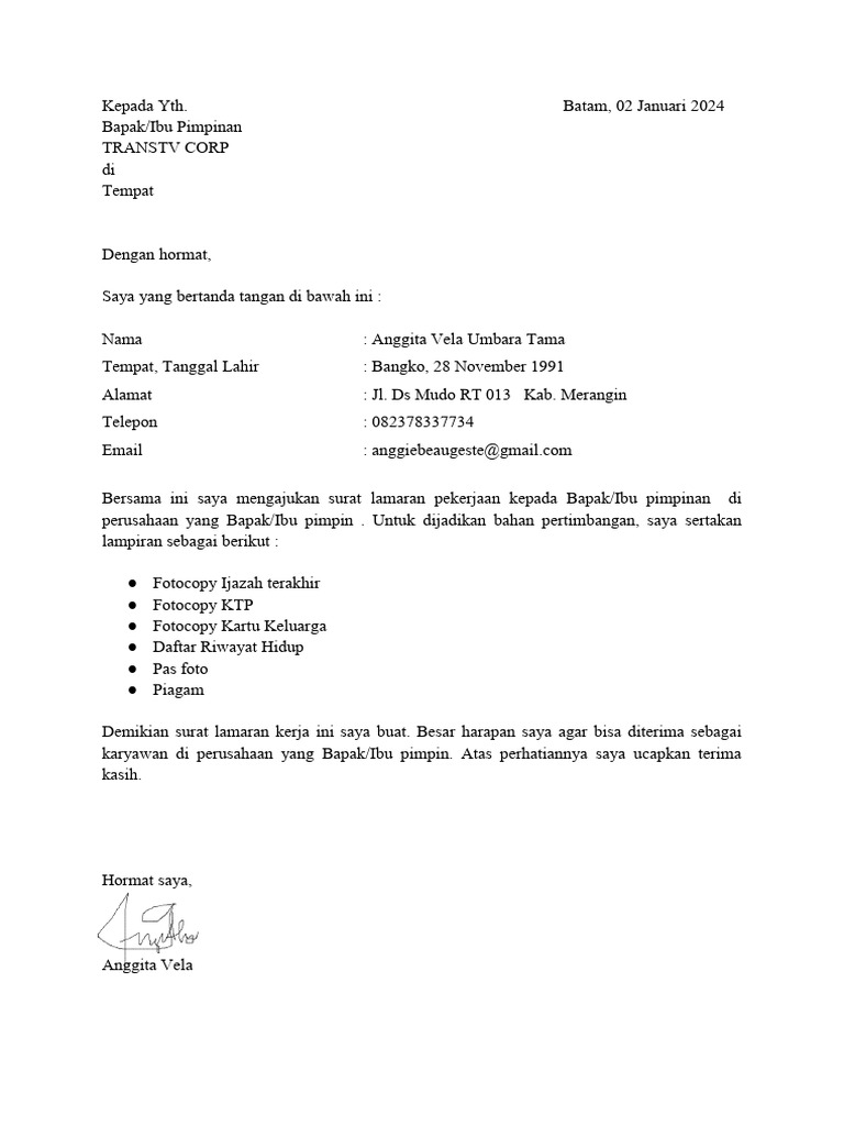 CV Anggita Vella TRANSTV | PDF