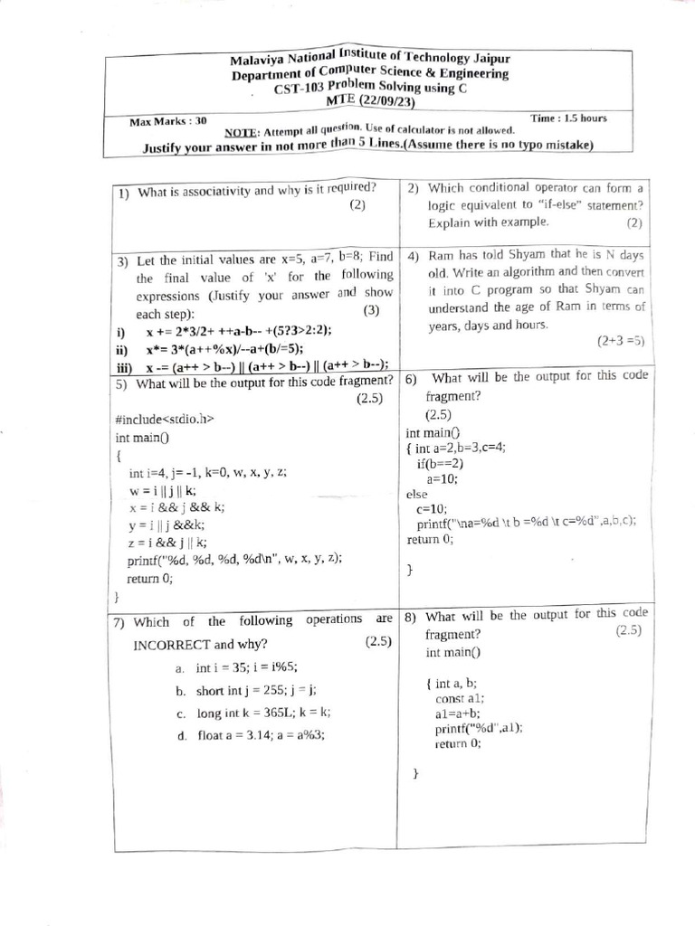 C Programming Mid Term Paper | PDF