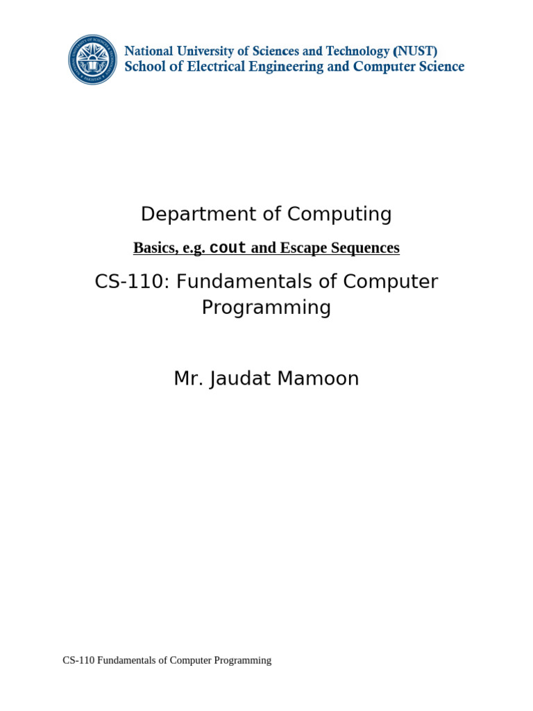 Lab 01 Basics Cout Escape Sequences Pdf