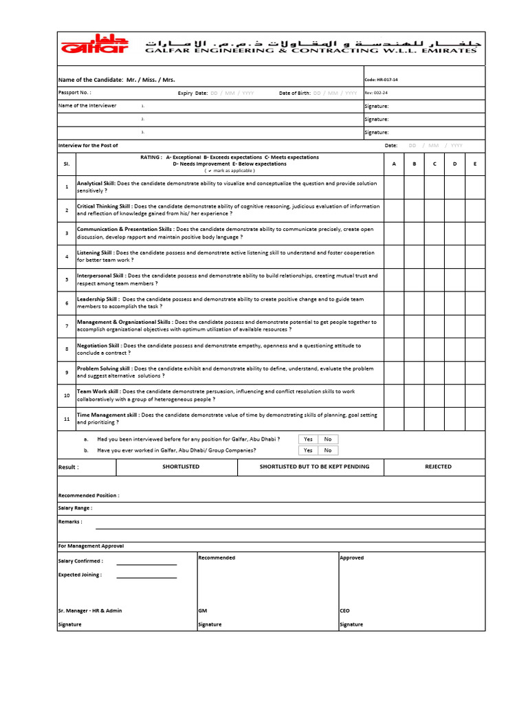 Interview Evaluation Sheet - Staff | PDF