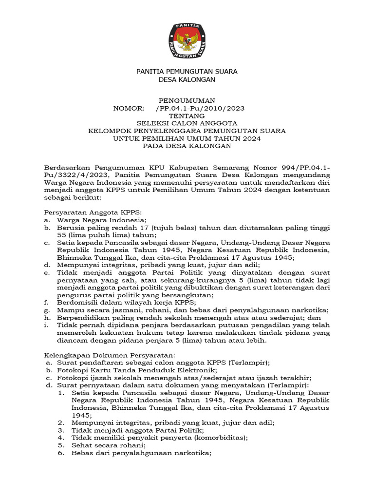 Pengumuman Dan Lampiran Pendaftaran KPPS - V2 | PDF