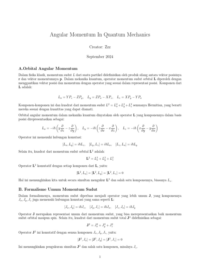 Angular Momentum in Quantum Mechanics | PDF